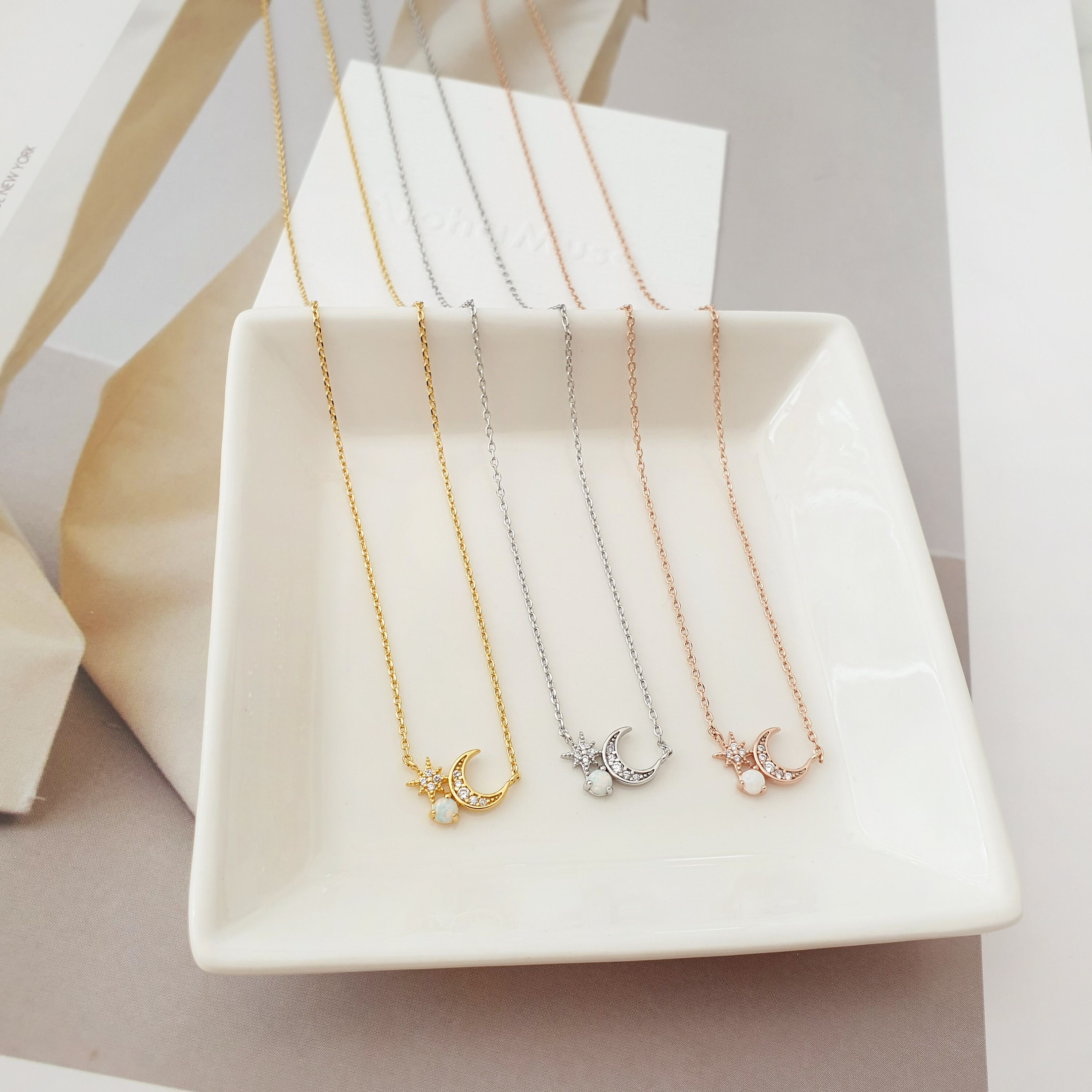 Tiny Crescent Moon Cubic Zirconia Opal Stone Necklace 18K Gold Dipped ...