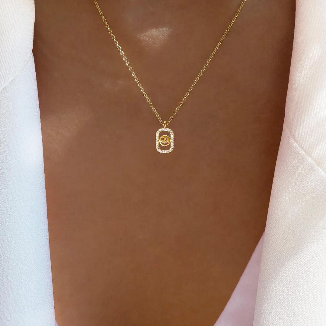 Smiley Face Rectangle Frame Cubic Zirconia Pendant Necklace 18K Gold ...