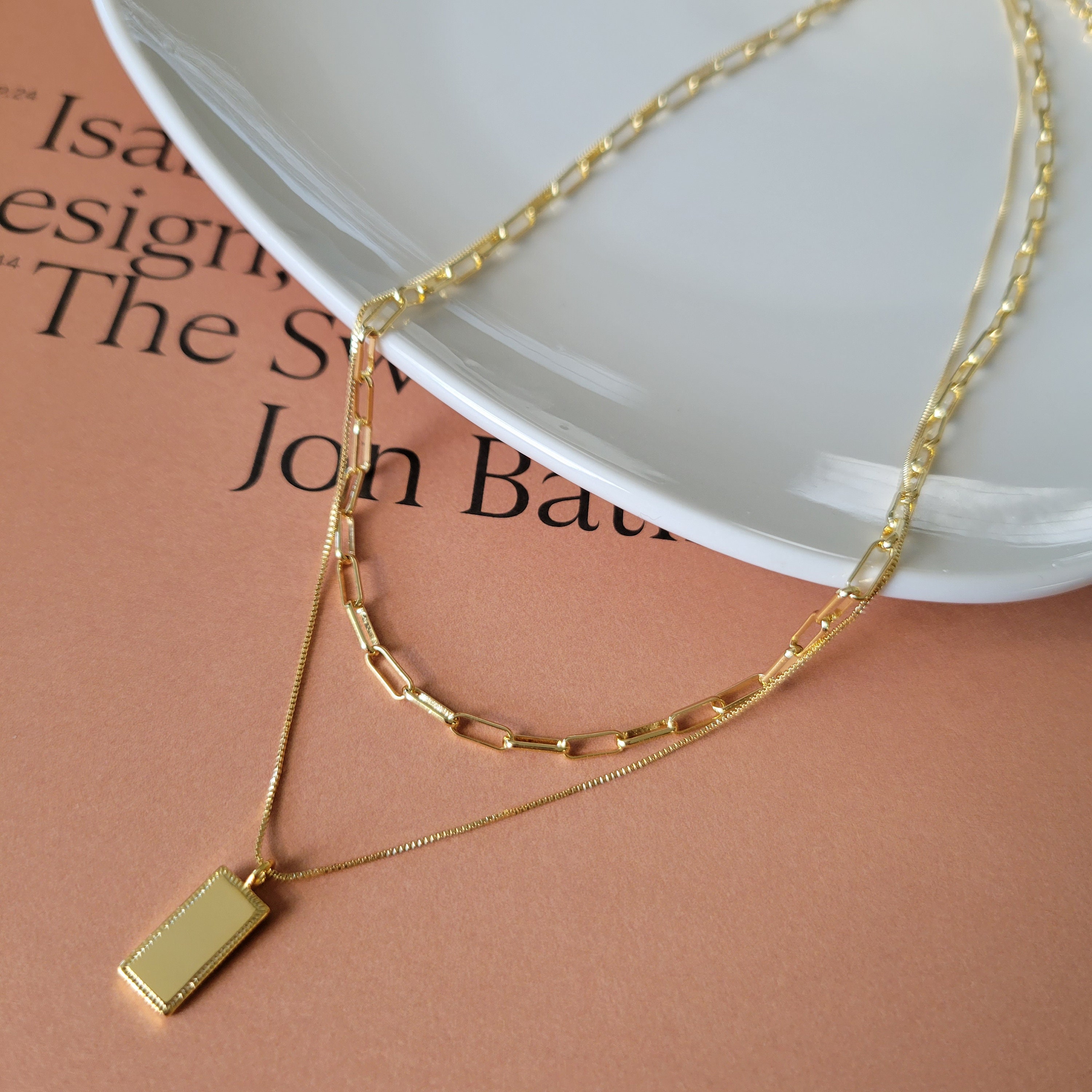 Two Chains Layered Set With Rectangle Pendant Necklace, Layer Link ...