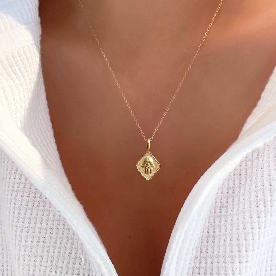 Hamsa Hand Square Charm Pendant Necklace 18K Gold Dipped Geometric ...