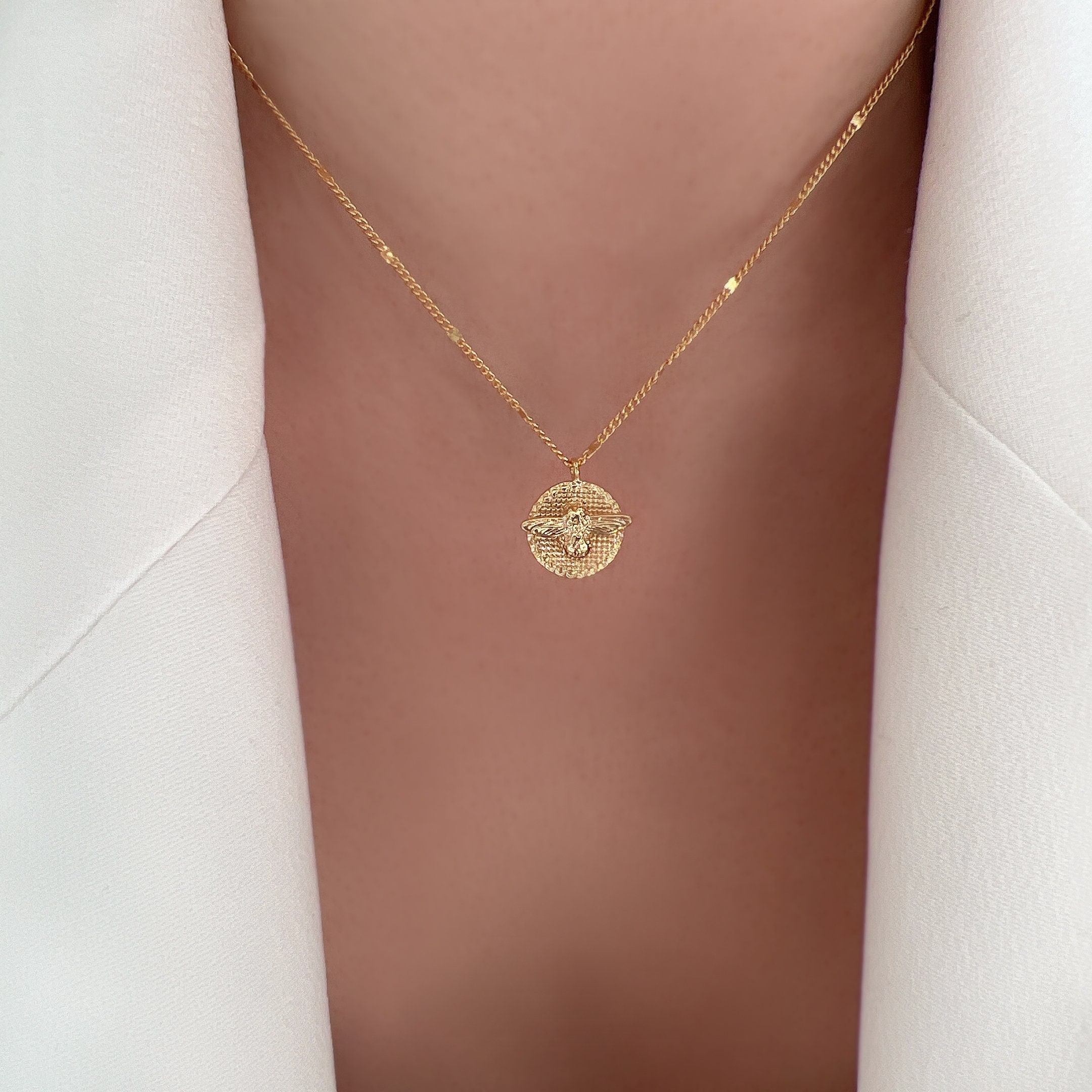 Bee Medallion Disc Necklace 18K Gold Dipped Bee Coin Charm Textured ...