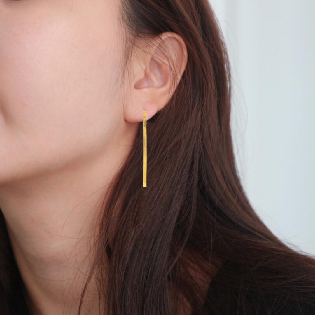 14K Gold Dipped Herringbone Chain Drop Earrings: Long Dangle Threader ...