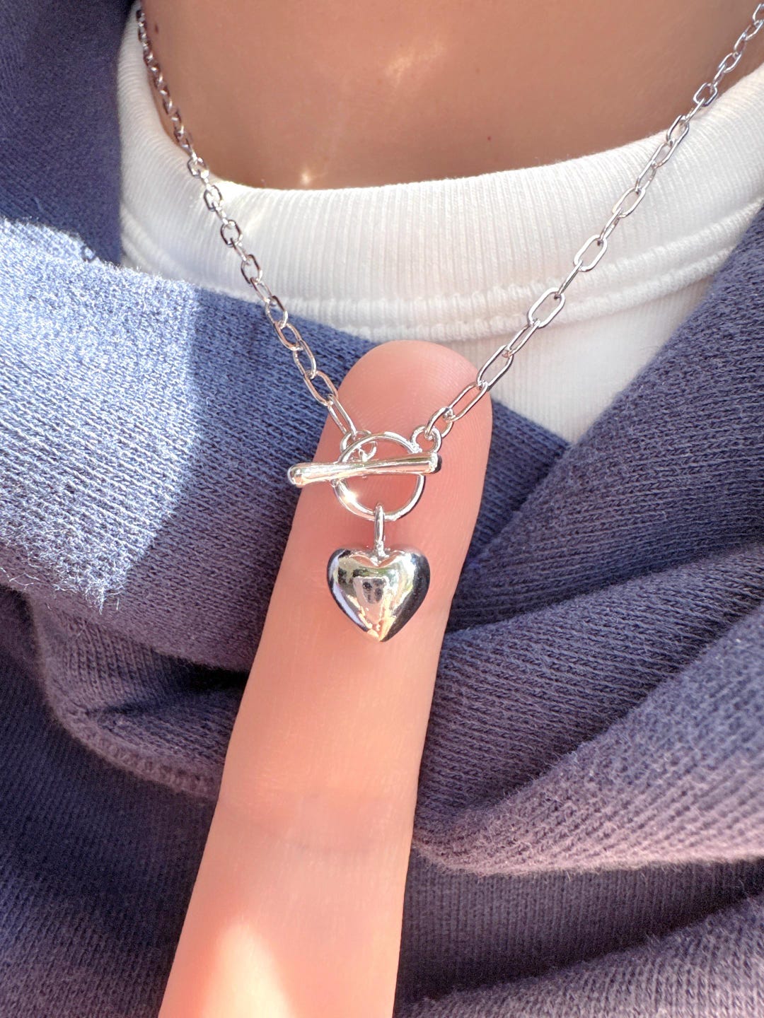 Puff Heart Charm T Bar Toggle Closure Paperclip Link Chain Necklace 18K ...