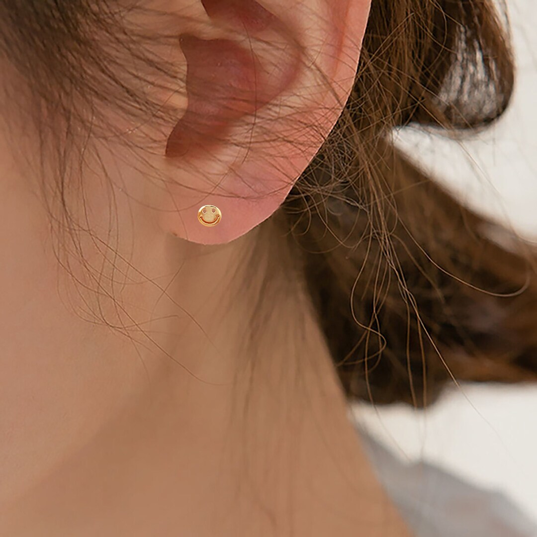Tiny Happy Face Stud Earrings: 14K Gold Dipped - Etsy