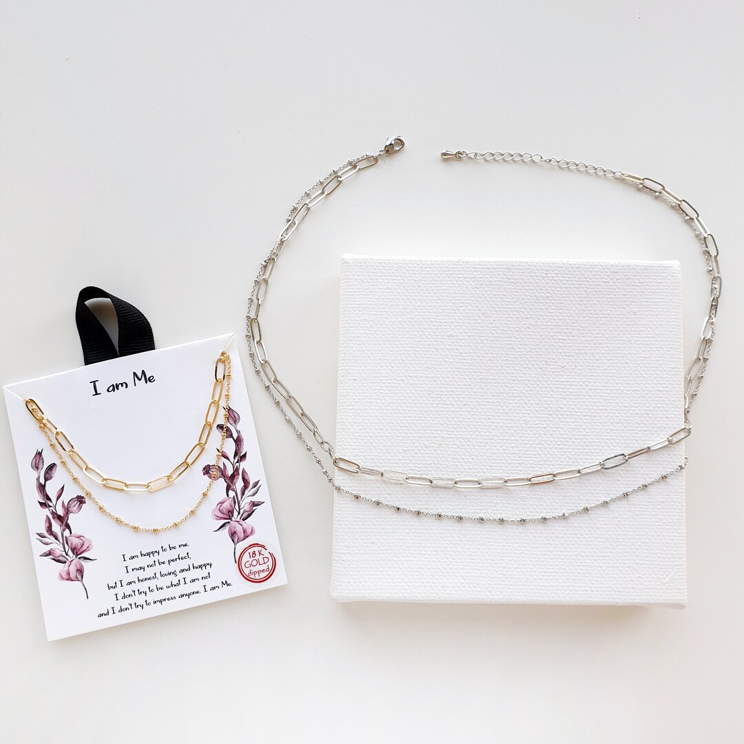 Two Chain Layered Set Mini Paperclip Link Chain Necklace, 18K Gold ...