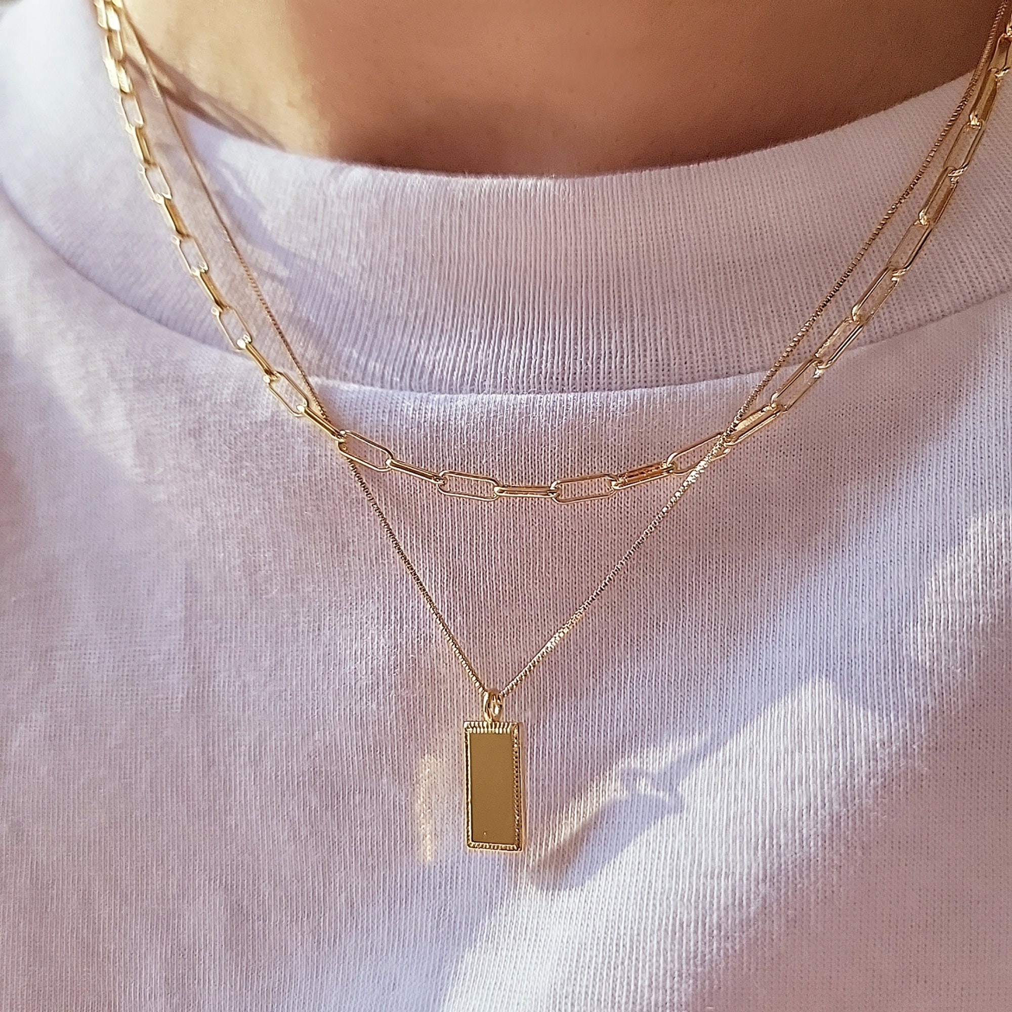 Two Chains Layered Set With Rectangle Pendant Necklace, Layer Link ...