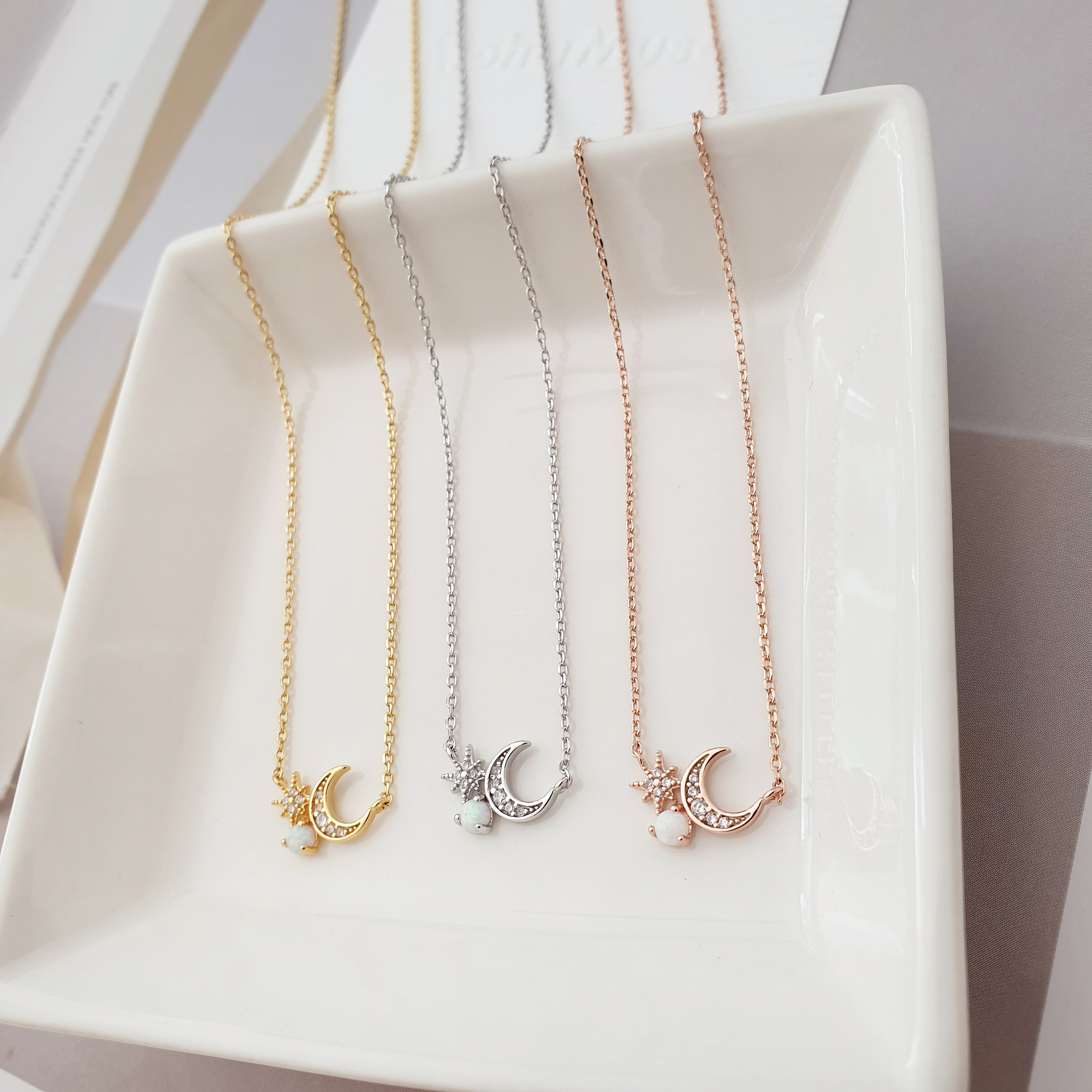 Tiny Crescent Moon Cubic Zirconia Opal Stone Necklace Gemstone CZ ...