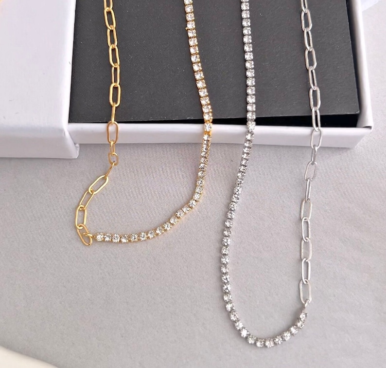 Half Tennis Crystal Half Paperclip Necklace 18K Gold Dipped Half CZ ...
