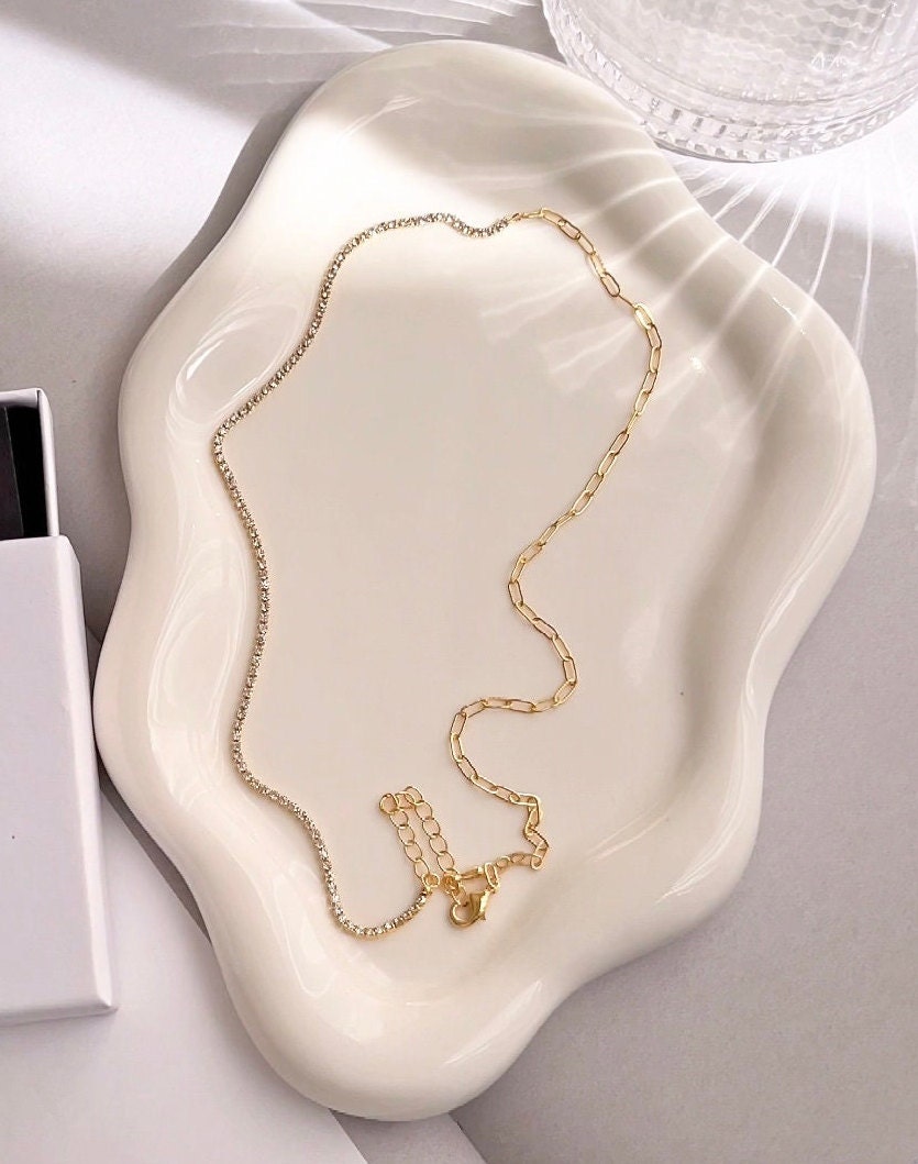 Half Tennis Crystal Half Paperclip Necklace 18K Gold Dipped Half CZ ...