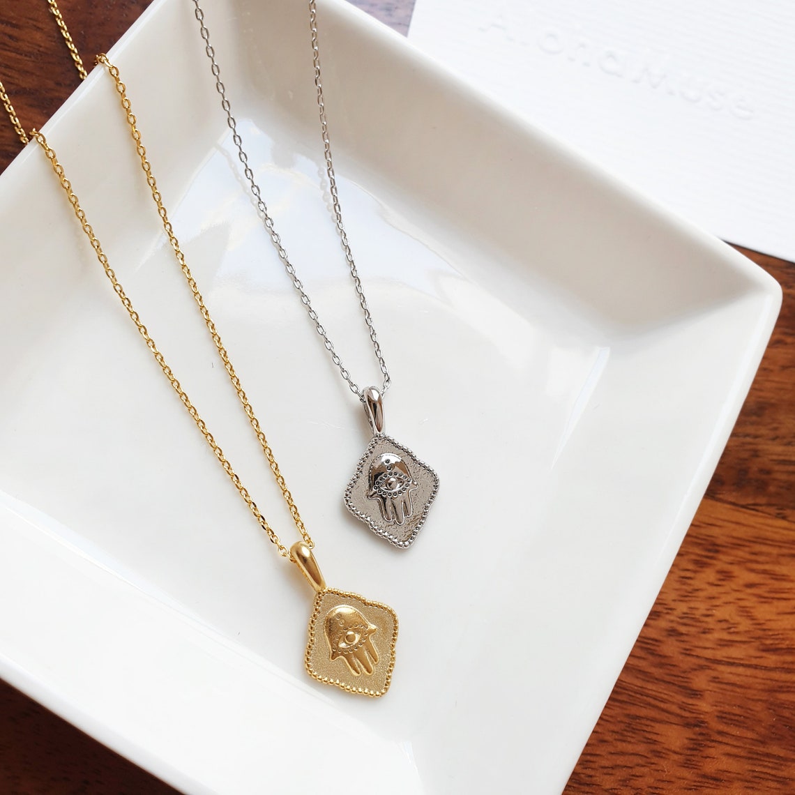 Hamsa Hand Square Charm Pendant Necklace 18K Gold Dipped Geometric ...