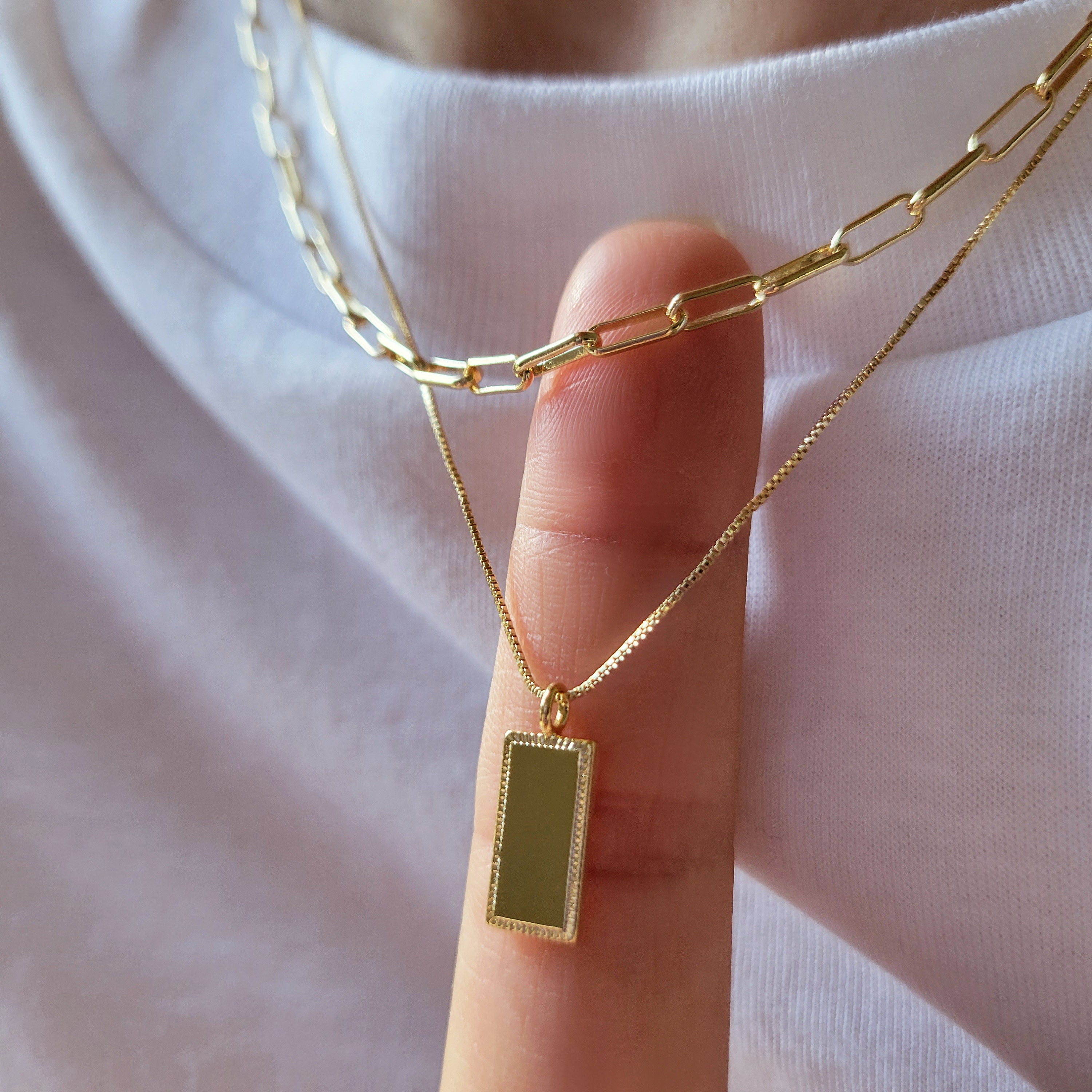 Two Chains Layered Set With Rectangle Pendant Necklace, Layer Link ...