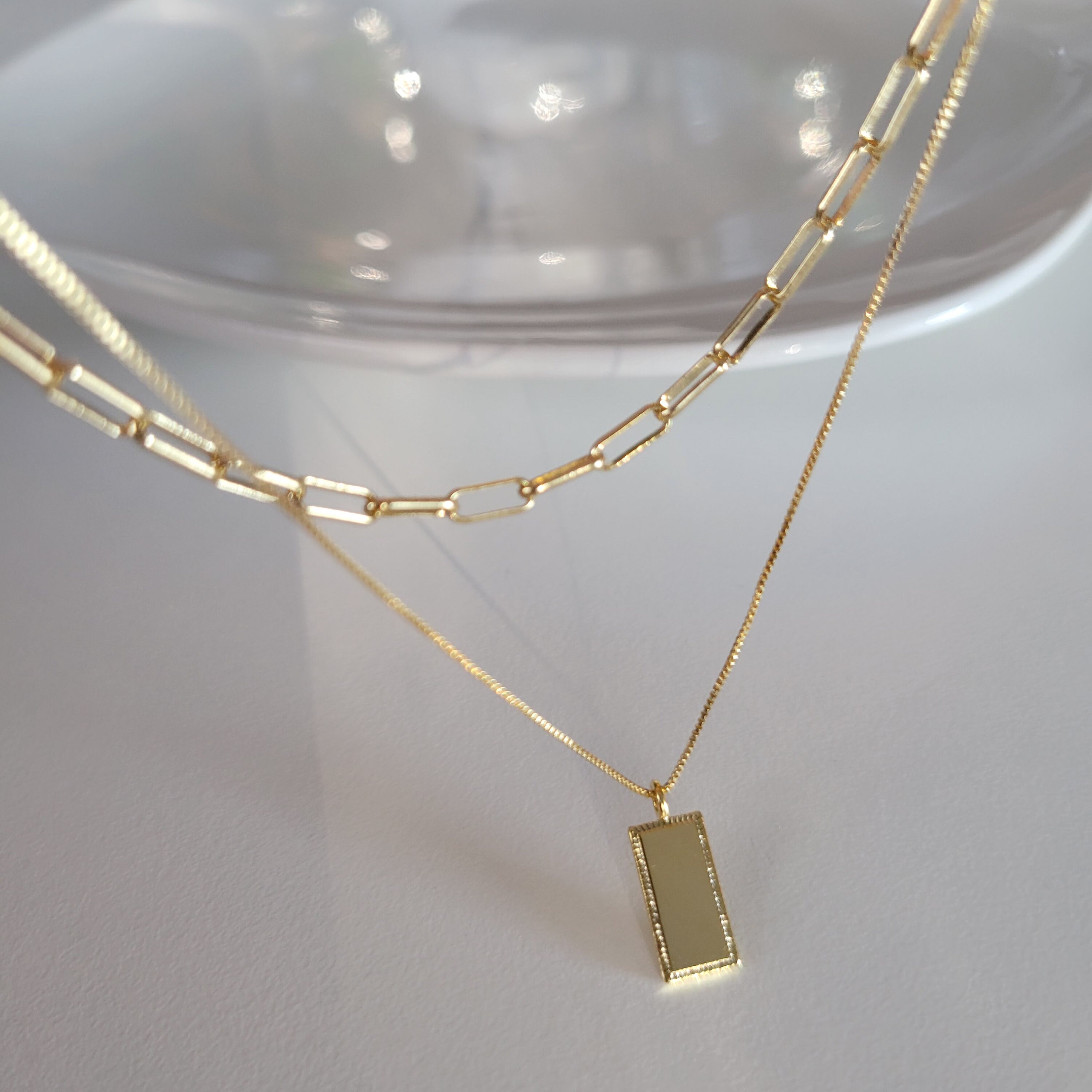 Two Chains Layered Set With Rectangle Pendant Necklace, Layer Link ...