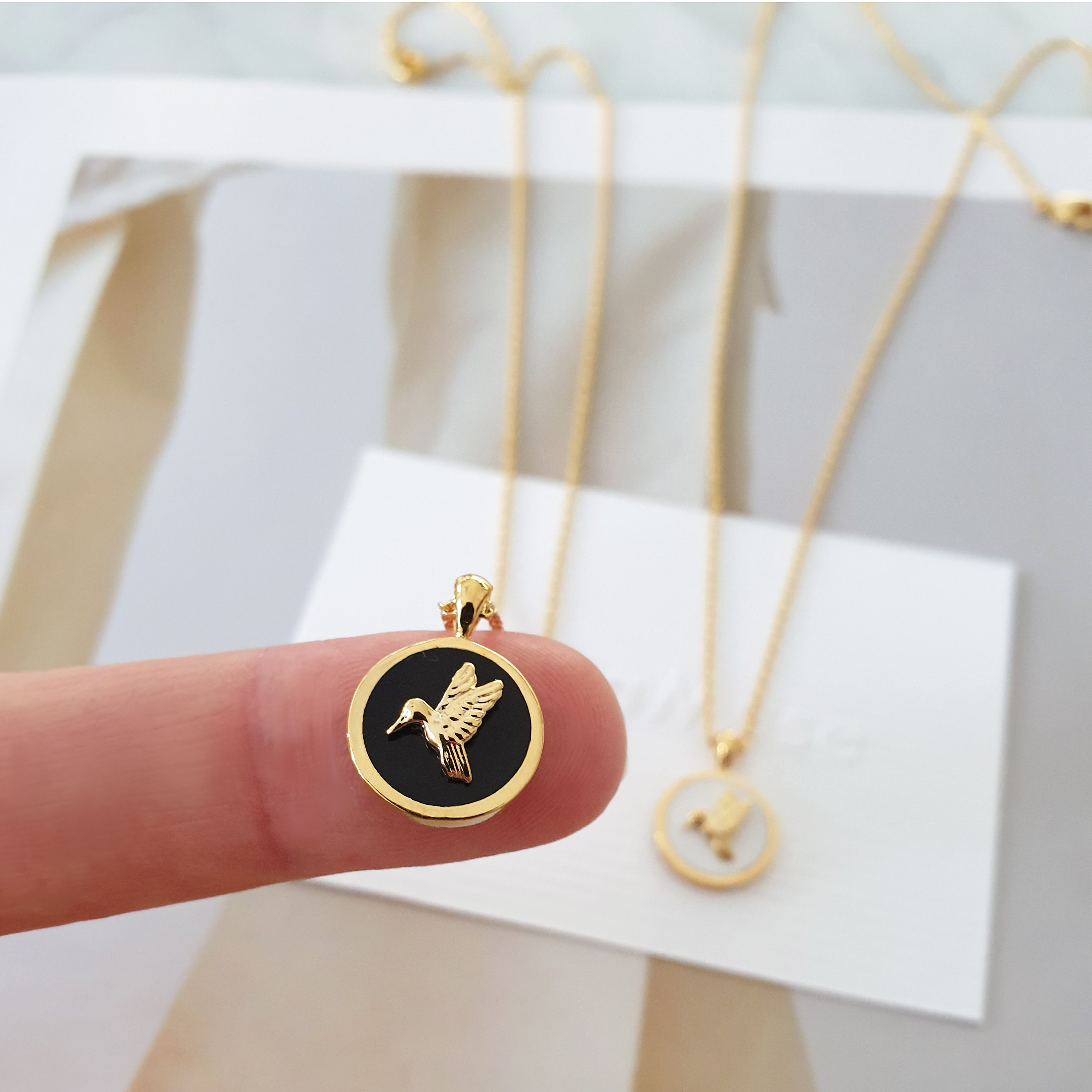 Hummingbird Coin Enamel Charm Pendant Necklace 18K Gold Dipped ...