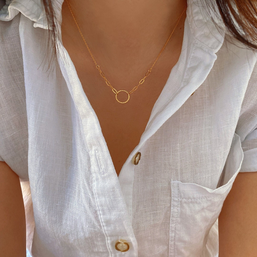 Mini Paperclip Chain With Circle Pendant Necklace 18K Gold Dipped ...