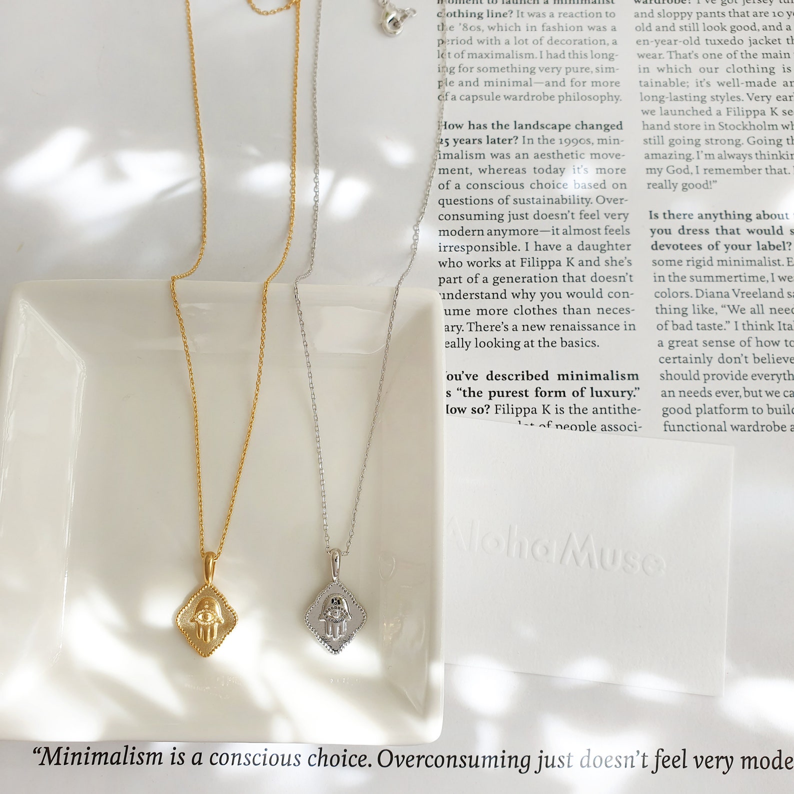 Hamsa Hand Square Charm Pendant Necklace 18K Gold Dipped Geometric ...