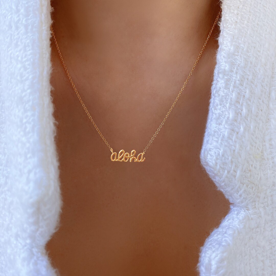 Aloha Cursive Letter Necklace, 18K Gold Dipped Hawaii Aloha Handwritten ...
