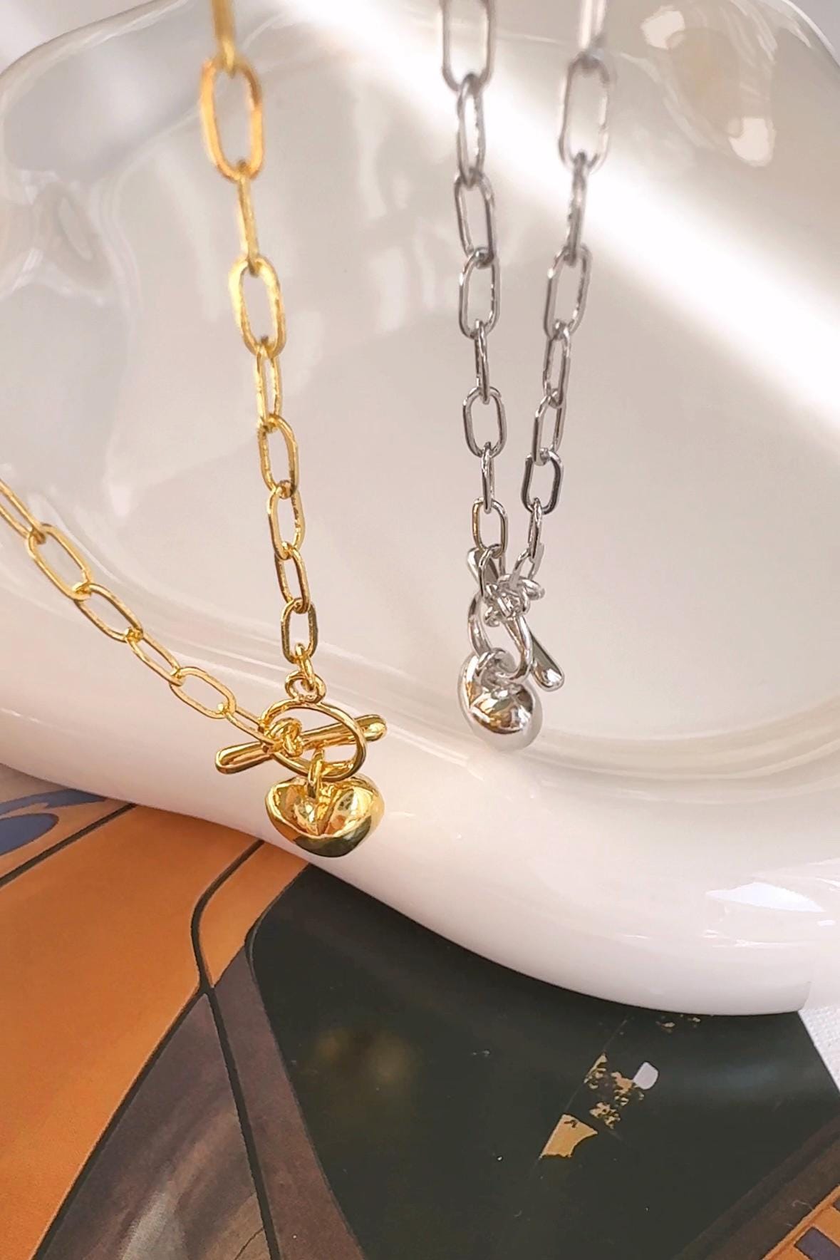 Puff Heart Charm T Bar Toggle Closure Paperclip Link Chain Necklace 18K ...