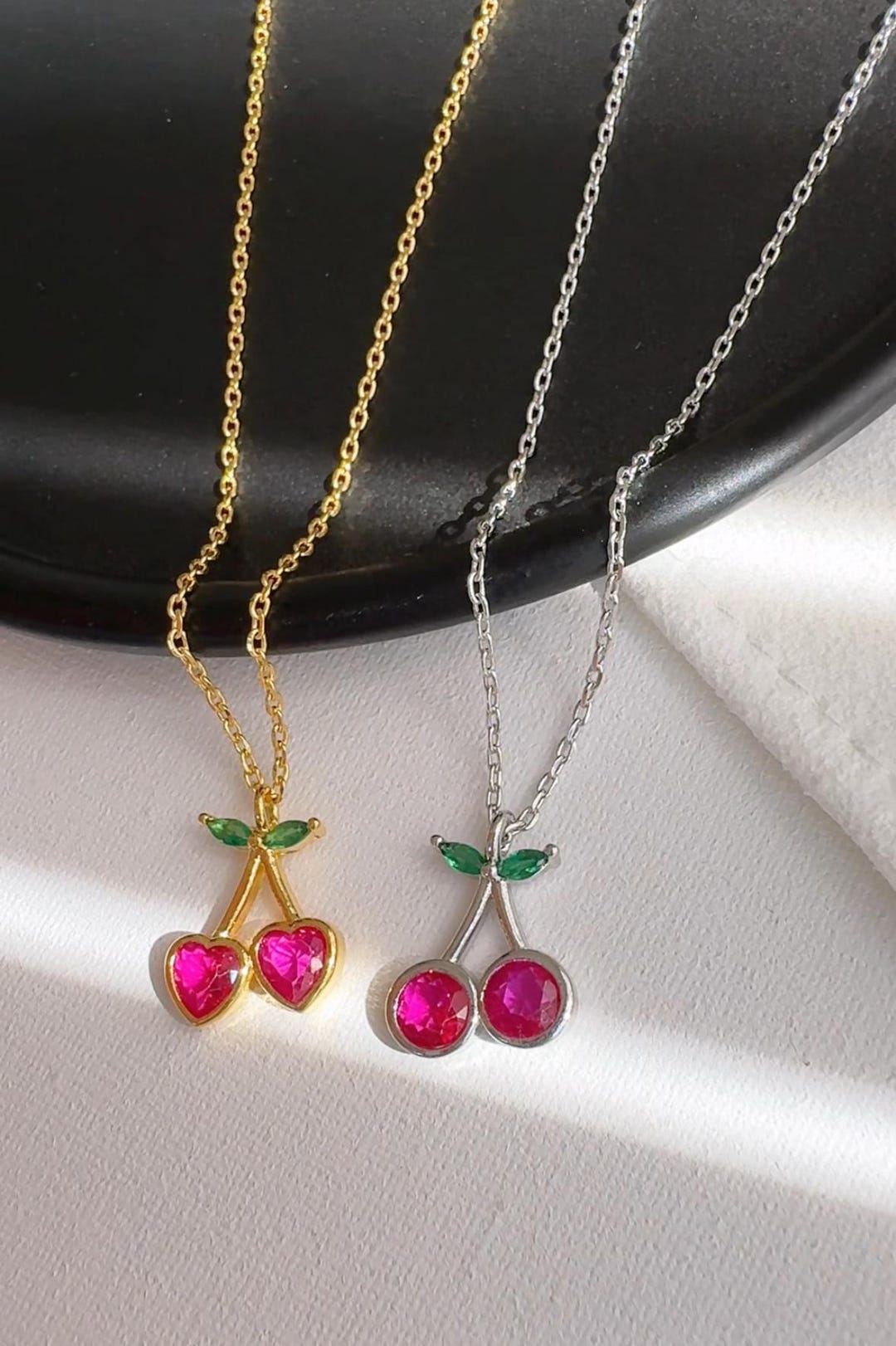 Red Cherry Pendant Necklace 18K Gold Dipped, Dainty Red Cherries Cubic ...