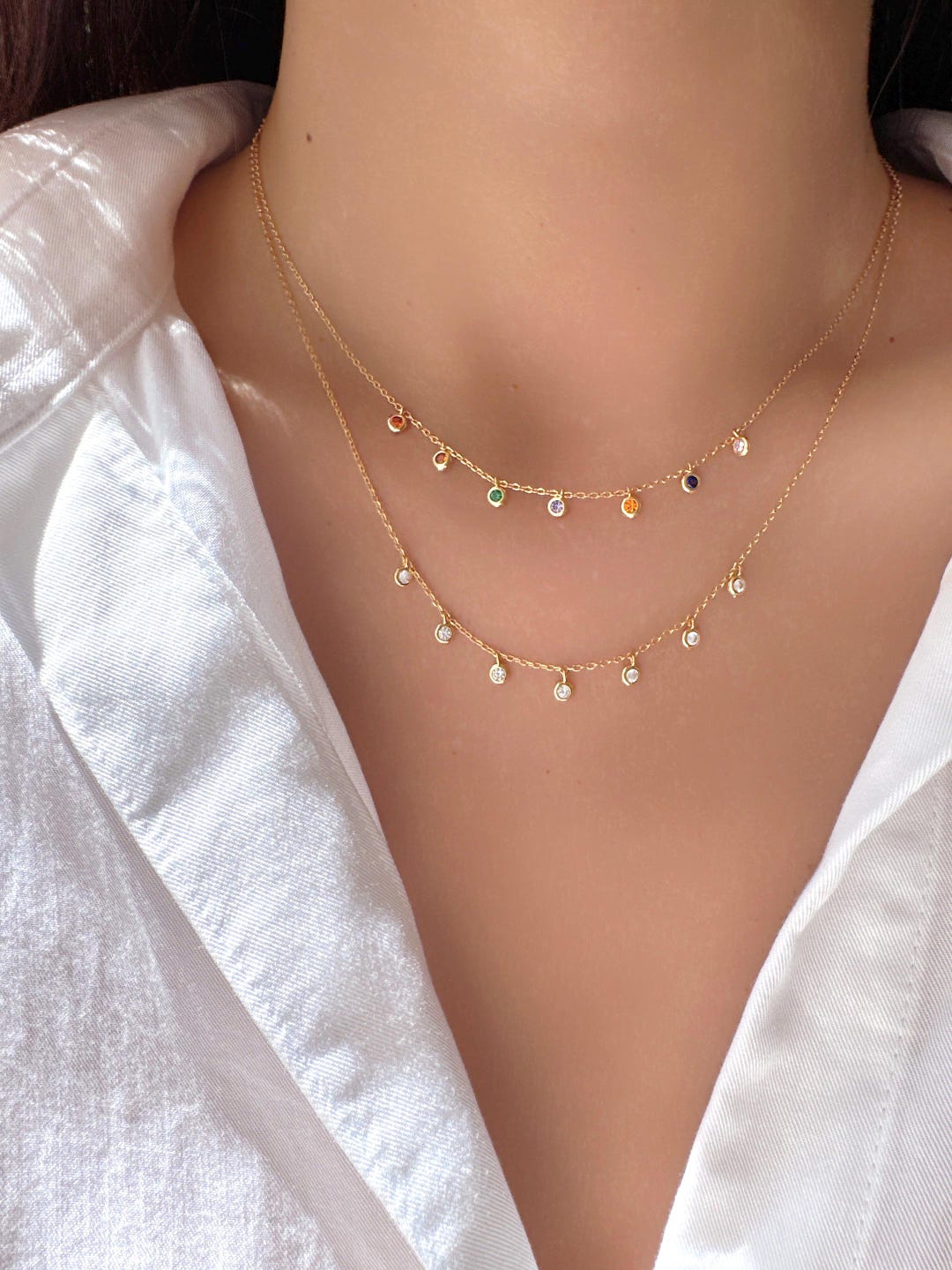 Multi CZ Bezel Charm Station Necklace - Dainty Crystal Tiny Seven Cubic ...