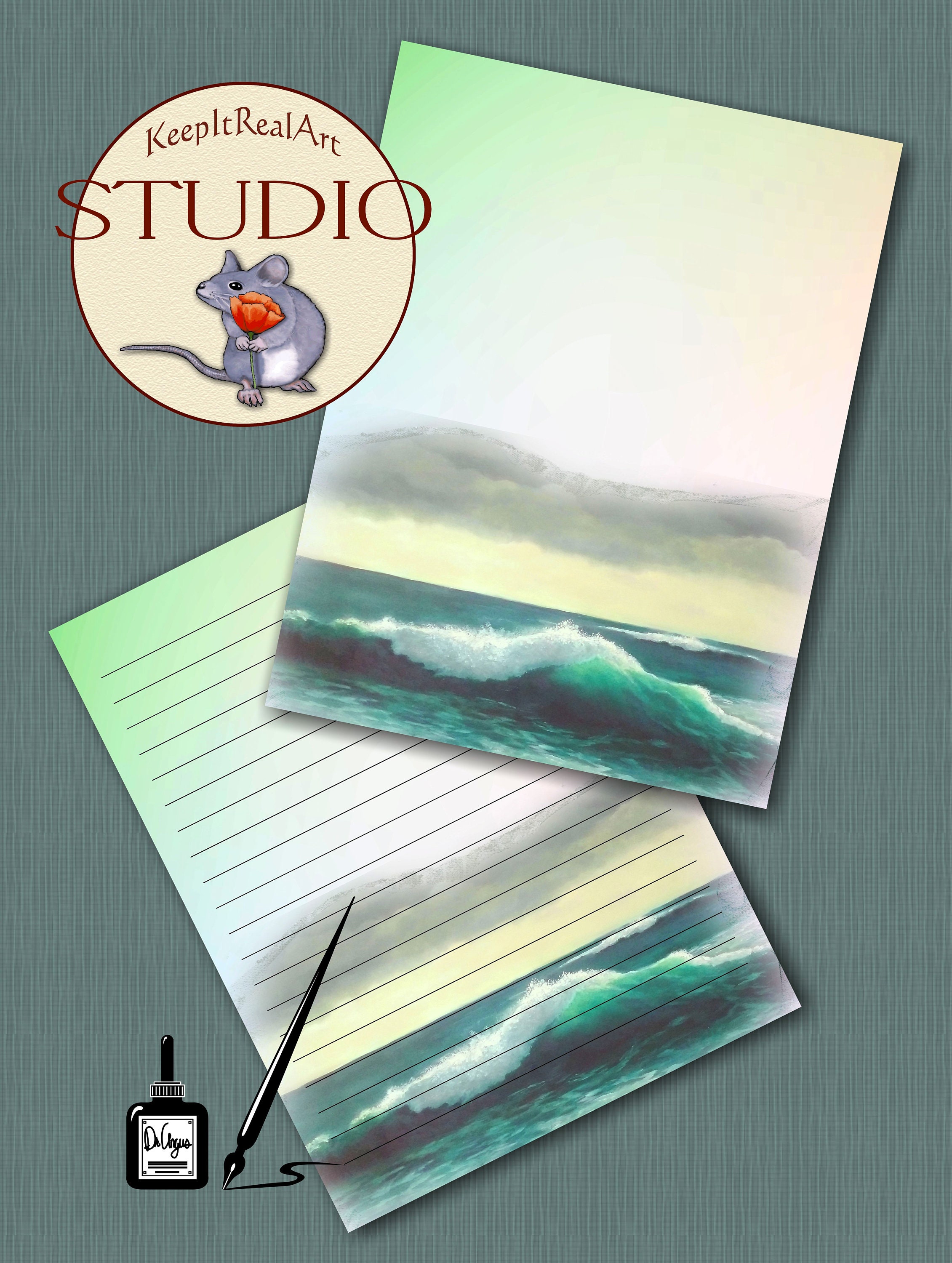 Printable Stationery, Ocean Wave, FROM ORIGINAL Hand Painted ART, Lined ...