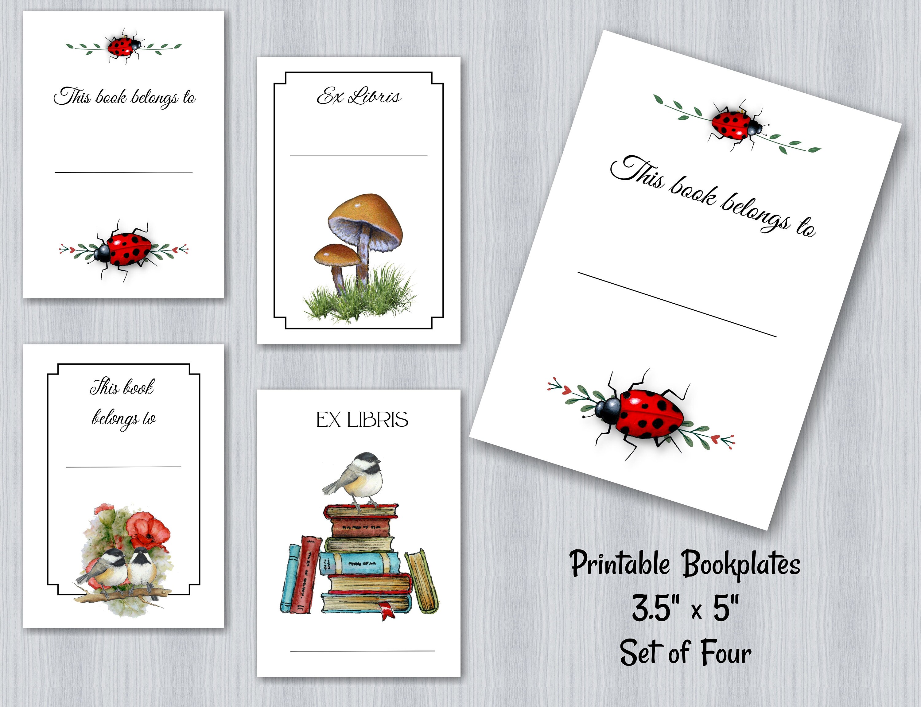 PRINTABLE BOOKPLATES, Set of Four, Artist Illustrated, 3.5" by 5", Book ...