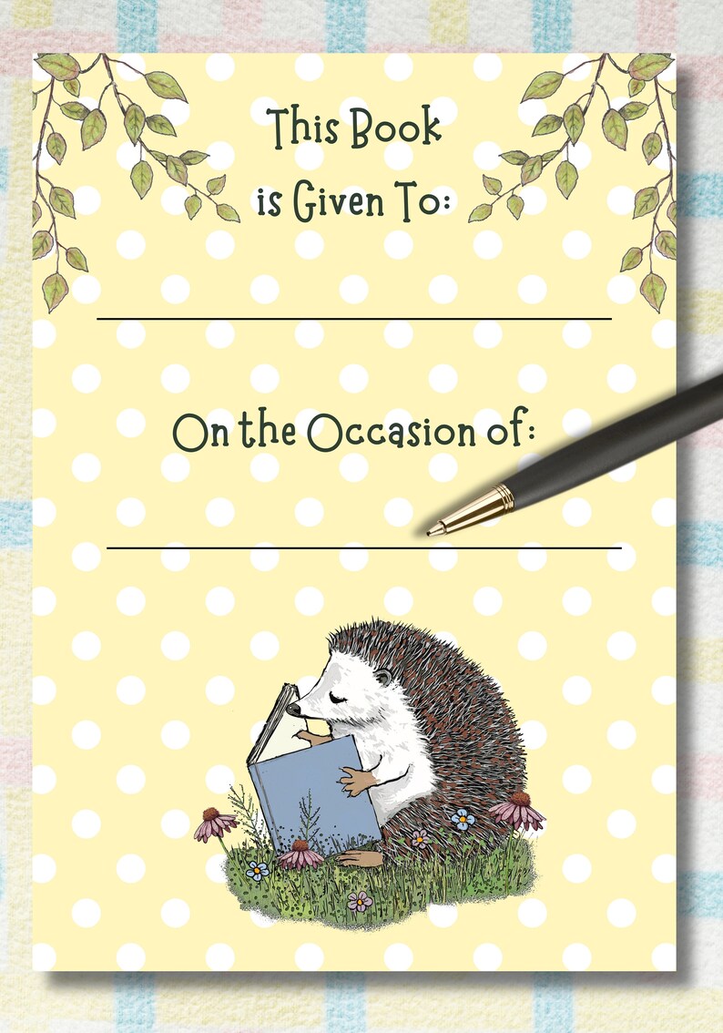 PRINTABLE Kids or Babies BOOKPLATES Hedgehog Reading With Dots Original ...
