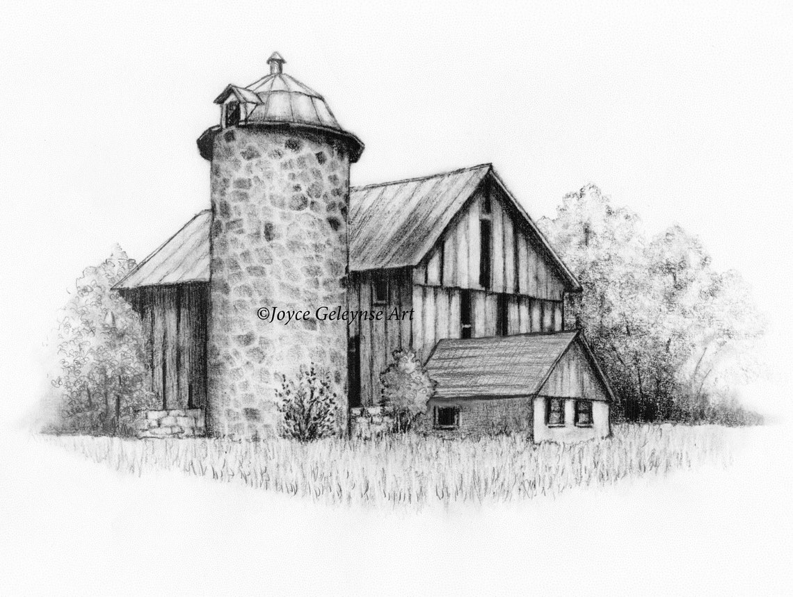 Fine Art Printable Pencil Drawing of OLD BARN With Stone Silo Country ...