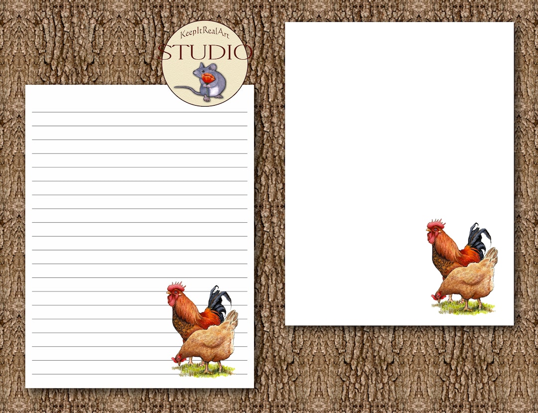 Stationery Printable Rooster and Hen Chicken From Original Art Lined ...