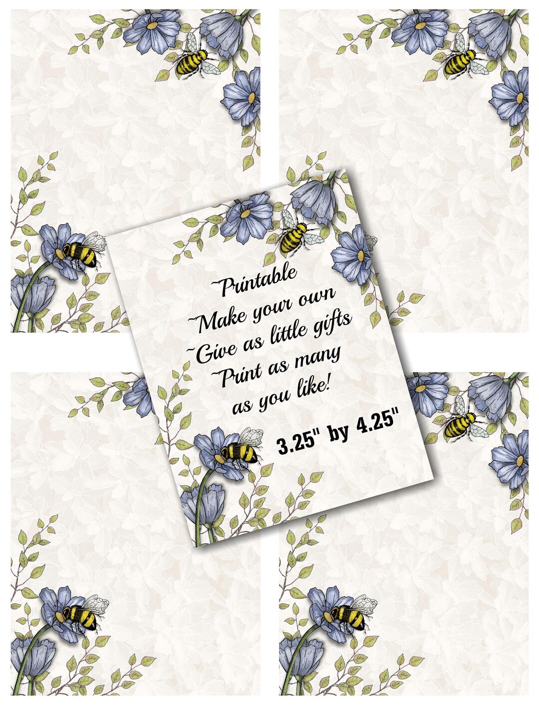 Printable Notepads Stationery BEES and Blue FLOWERS, From Hand Drawn ...