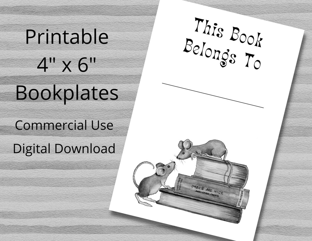 PRINTABLE BOOKPLATES for KIDS, Mice Playing on Books, Pencil Drawing, 4 ...