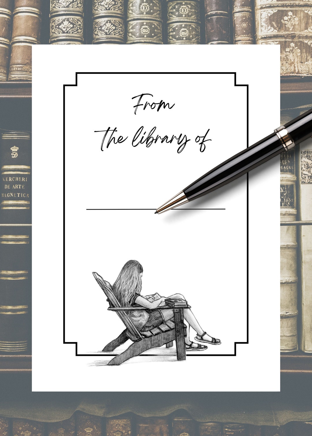 Printable BOOKPLATES Pencil Art Teen Girl in Chair Reading Books, 3.5 ...