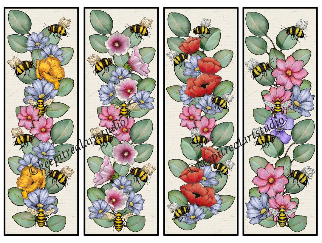 Printable Bookmarks, FLOWERS & BEES, From Original Art, Botanical, Book ...