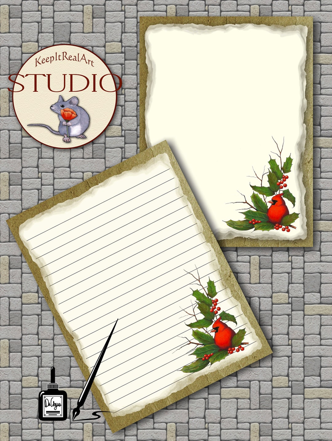Christmas Stationery, Printable, Cardinal, Holly, Twigs, From Hand ...