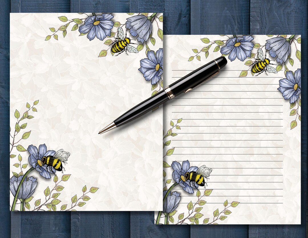Printable Stationery BEES and Blue FLOWERS, From Hand Drawn ART Lined ...
