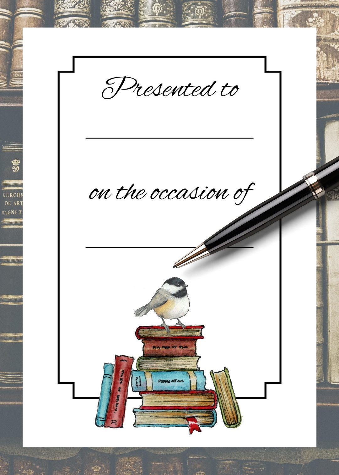 BOOKPLATES for Presentation, Chickadee Perched on Books, Set of 20 ...