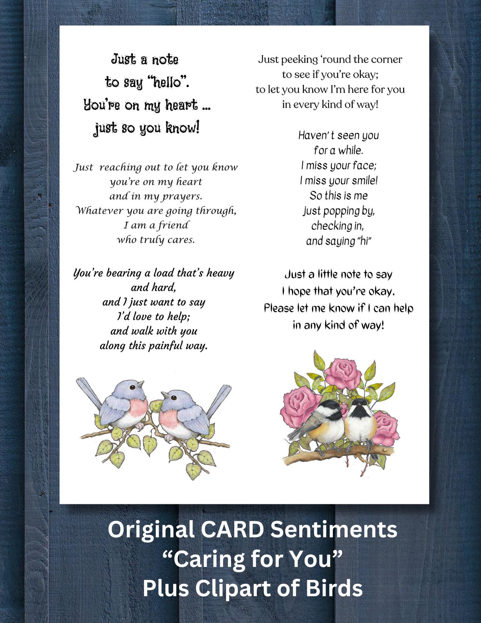 Caring for You Card Sentiments, Printable Poems, Birds Clipart (digital ...