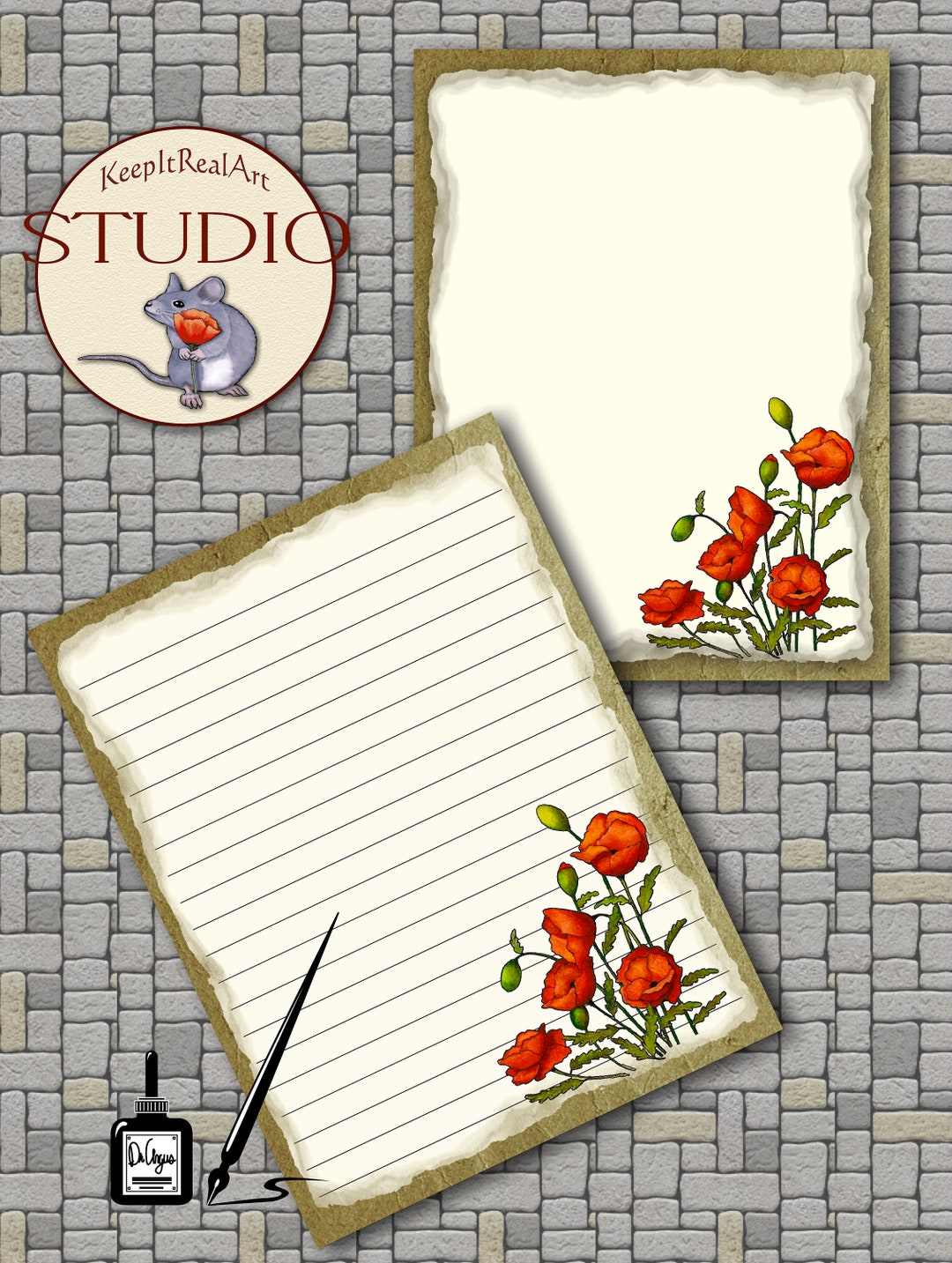 Stationery Printable Red Poppies Flowers From Original Hand Drawn Art ...