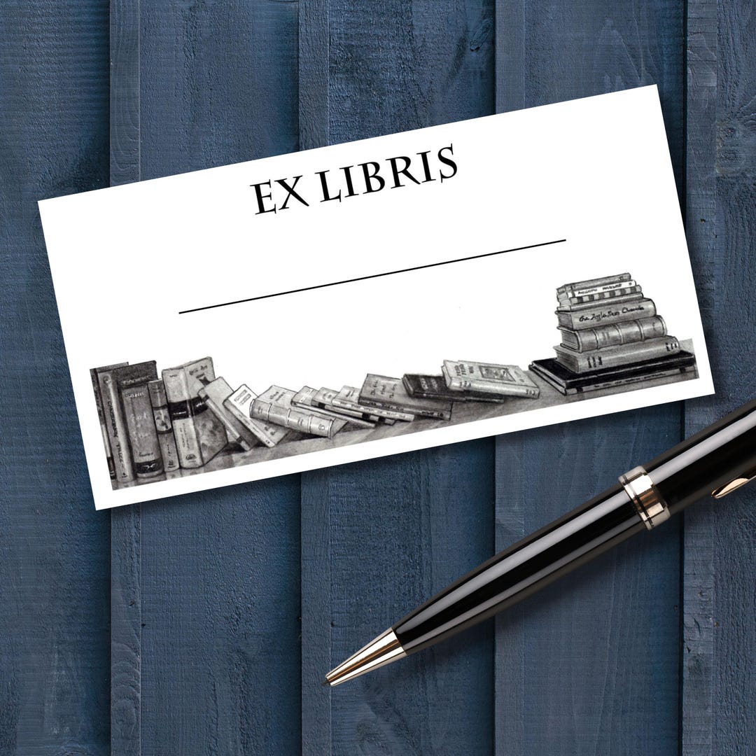 Bookplates With Pencil Drawing of Books on Shelf, EX LIBRIS, Library ...
