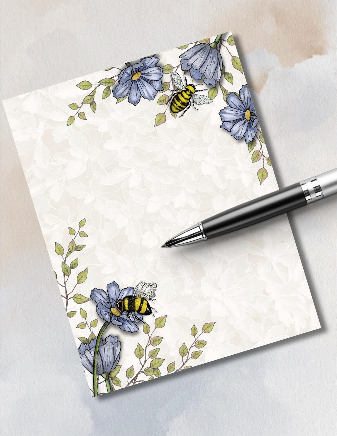 NOTEPAD With BEES and Blue FLOWERS, From Hand Drawn Art, Unlined ...