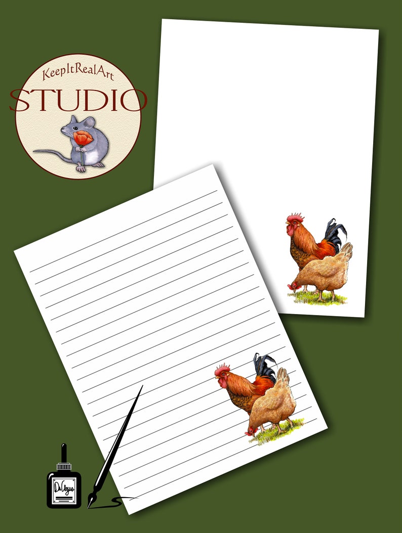 Stationery Printable Rooster and Hen Chicken From Original Art Lined ...