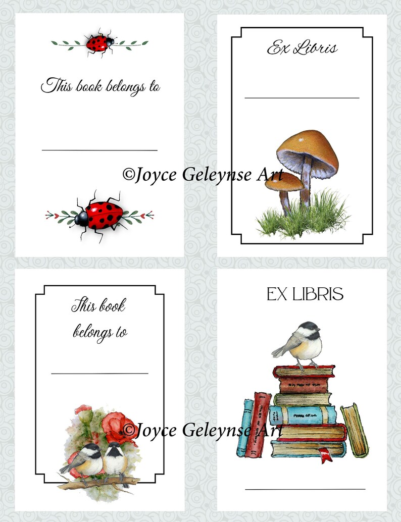 PRINTABLE BOOKPLATES, Set of Four, Artist Illustrated, 3.5" by 5", Book ...