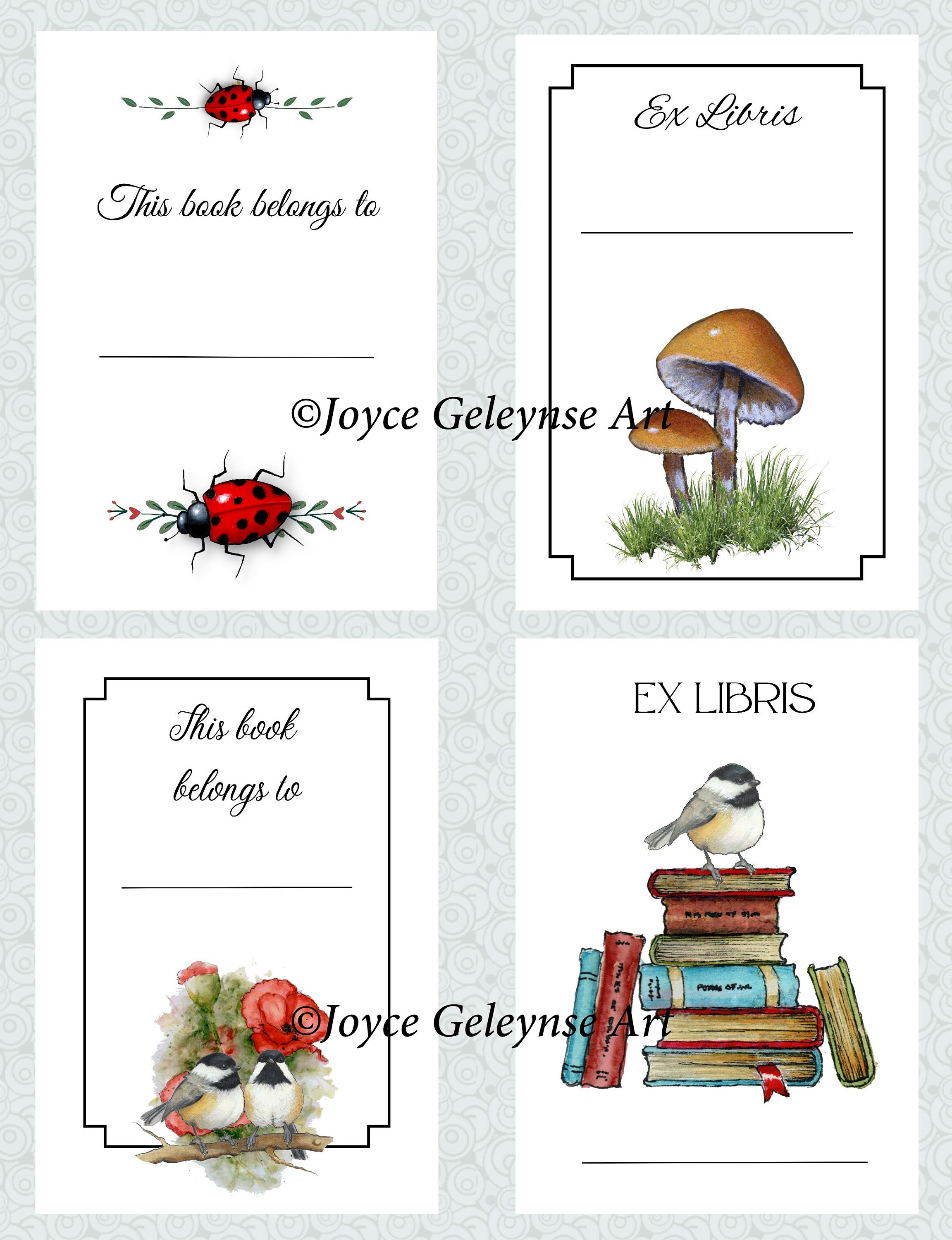 PRINTABLE BOOKPLATES, Set of Four, Artist Illustrated, 3.5" by 5", Book ...