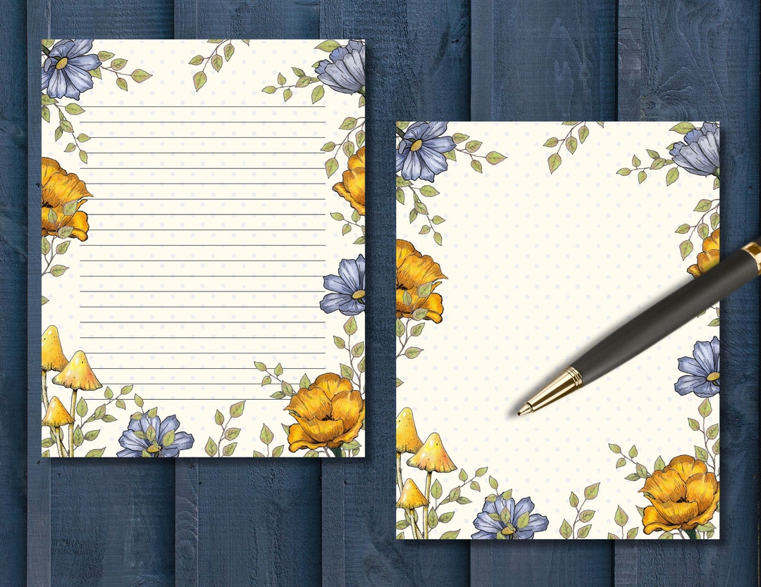 Printable Stationery Blue and Yellow FLOWERS and MUSHROOMS, From ...