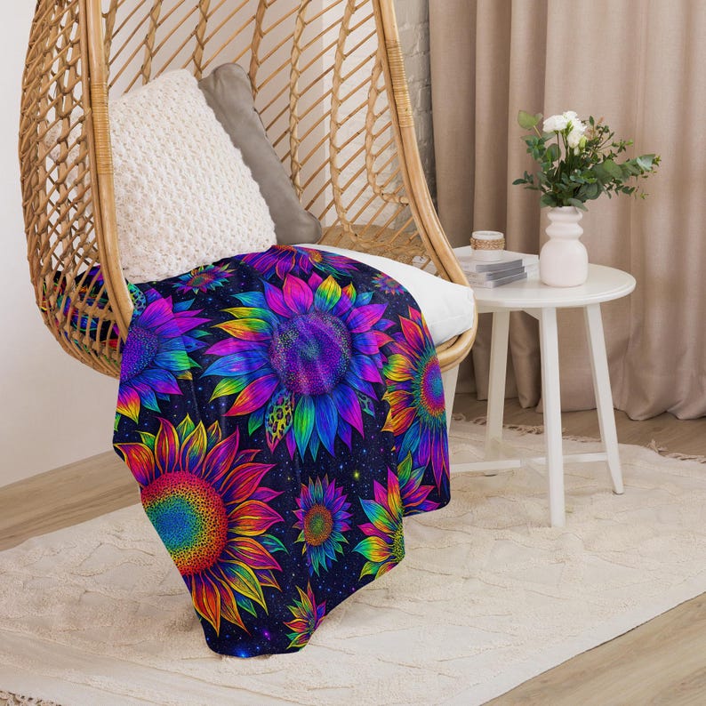 Psychedelic Sunflowers Blanket, Neon Boho Cosmic Floral, Trippy Rainbow ...