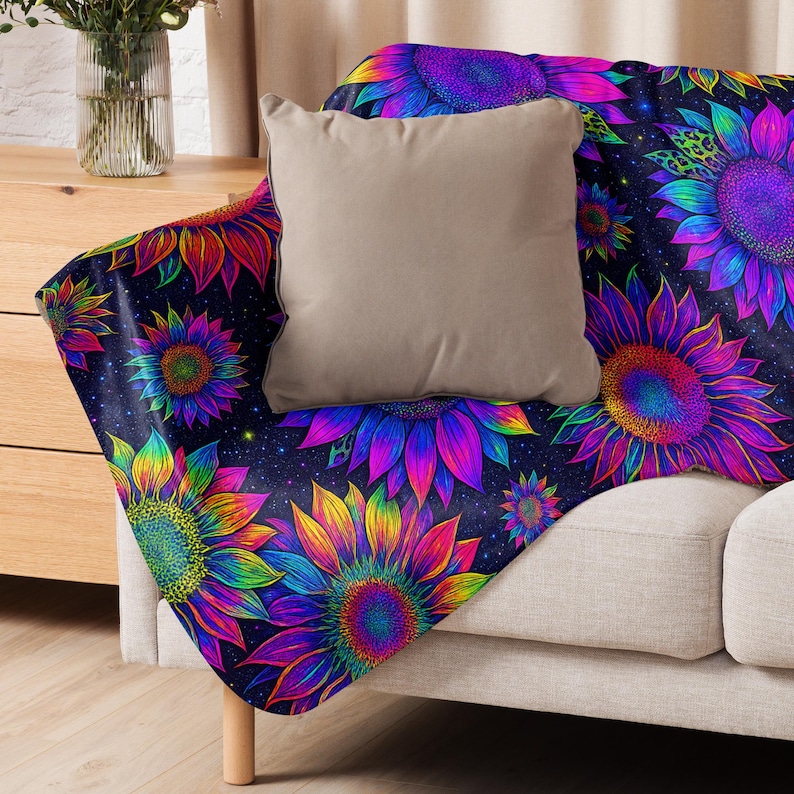 Psychedelic Sunflowers Blanket, Neon Boho Cosmic Floral, Trippy Rainbow ...