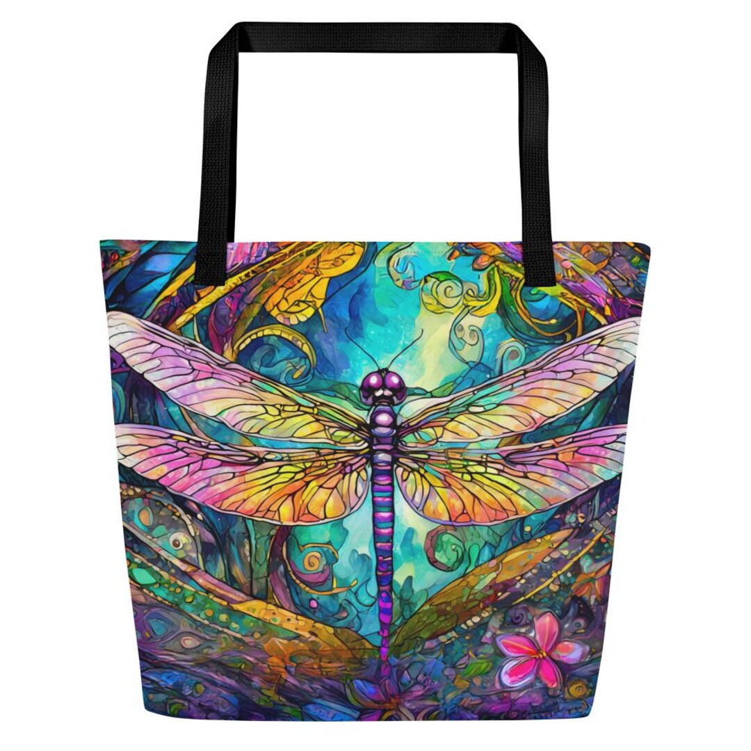 Dragonfly Dream All-over Print Large Tote Bag, Stained Glass Insect Art ...