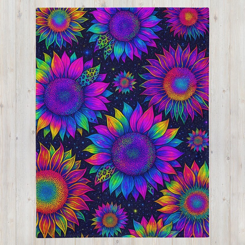 Psychedelic Sunflowers Blanket, Neon Boho Cosmic Floral, Trippy Rainbow ...