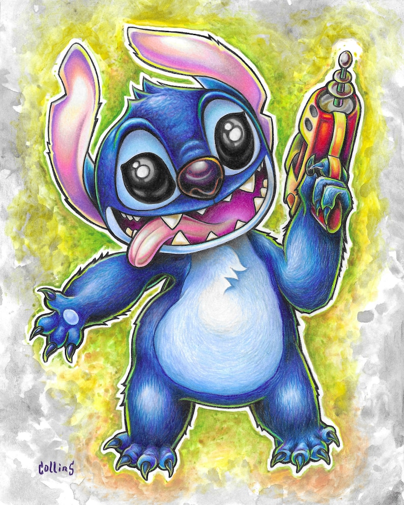 Stitch Fan Art Print Prismacolor and Watercolor by Bryan - Etsy