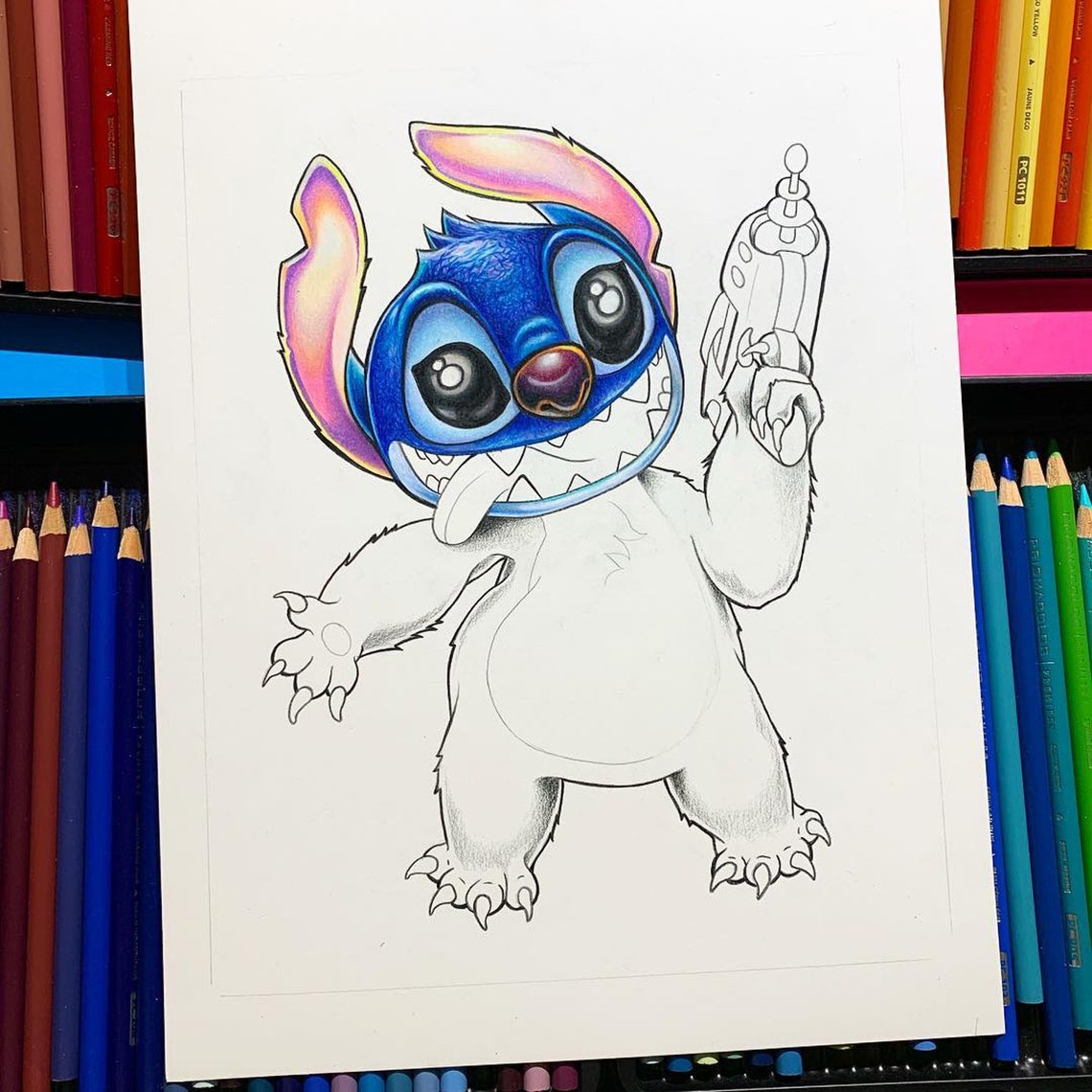 Stitch Fan Art Print Prismacolor and Watercolor by Bryan - Etsy