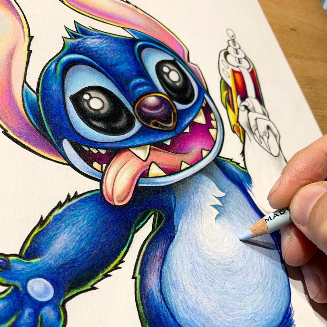 Stitch Fan Art Print Prismacolor and Watercolor by Bryan - Etsy